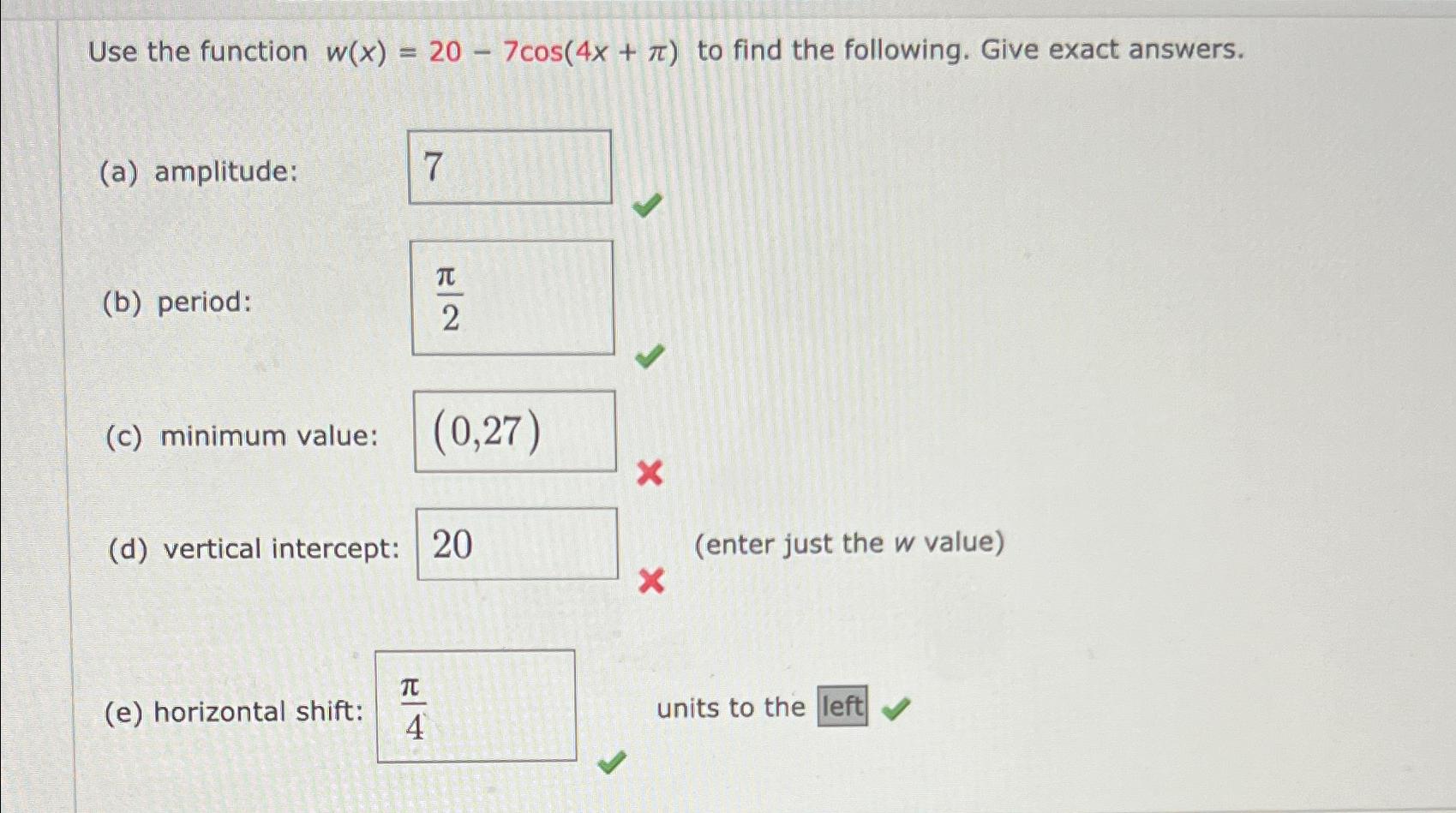 Solved Use the function w(x)=20-7cos(4x+π) ﻿to find the | Chegg.com