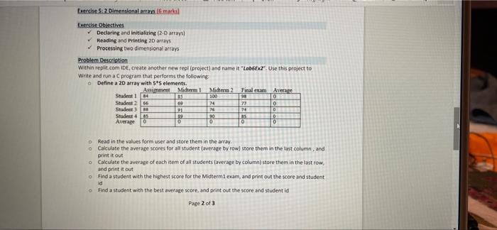 Solved Exercise 5:2 Dimensional arrays (6 marks Exercise | Chegg.com