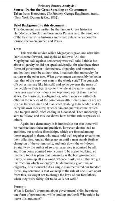 Primary Source Analysis 1 Source: Darius the Great | Chegg.com