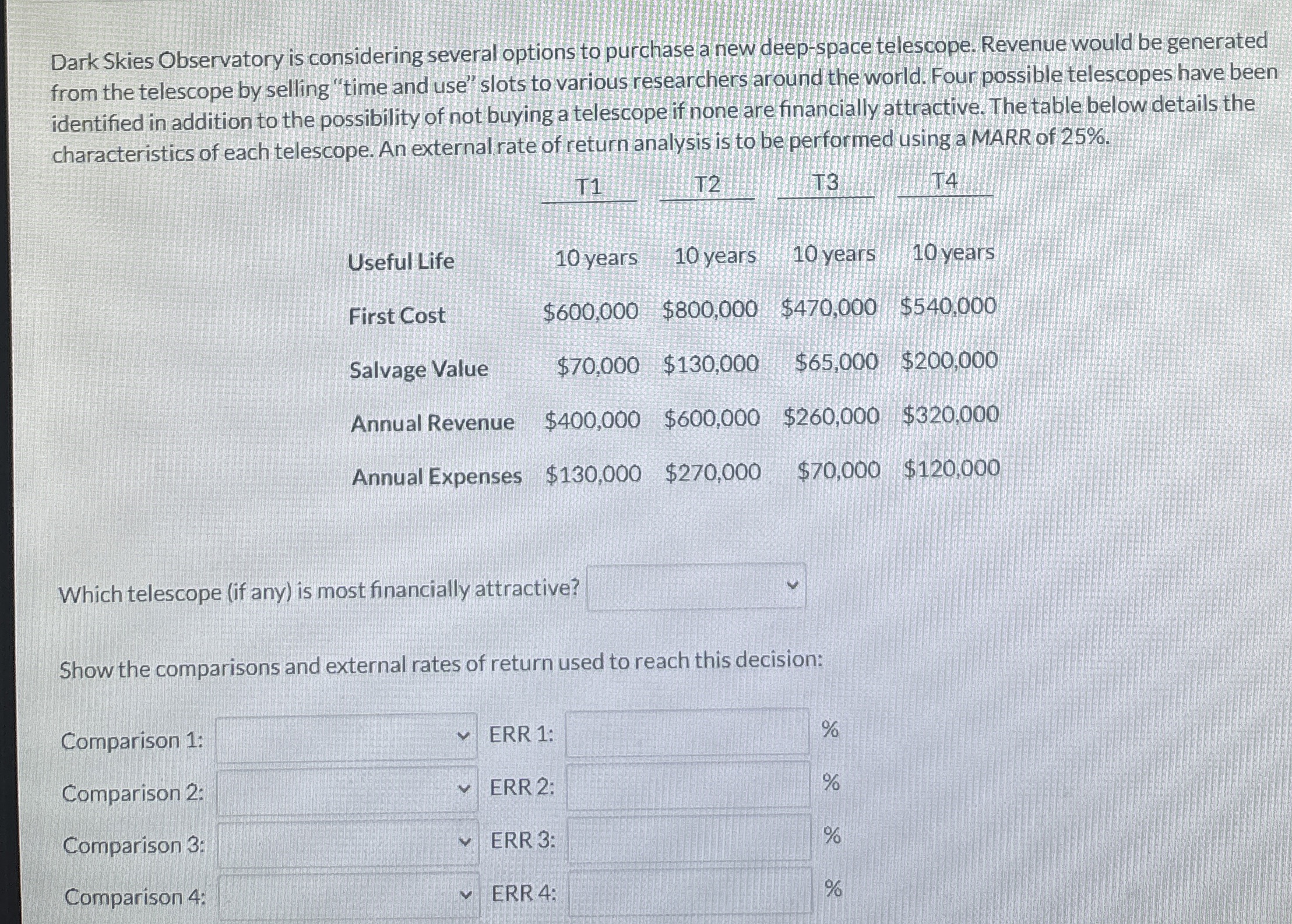 Solved Dark Skies Observatory is considering several options | Chegg.com