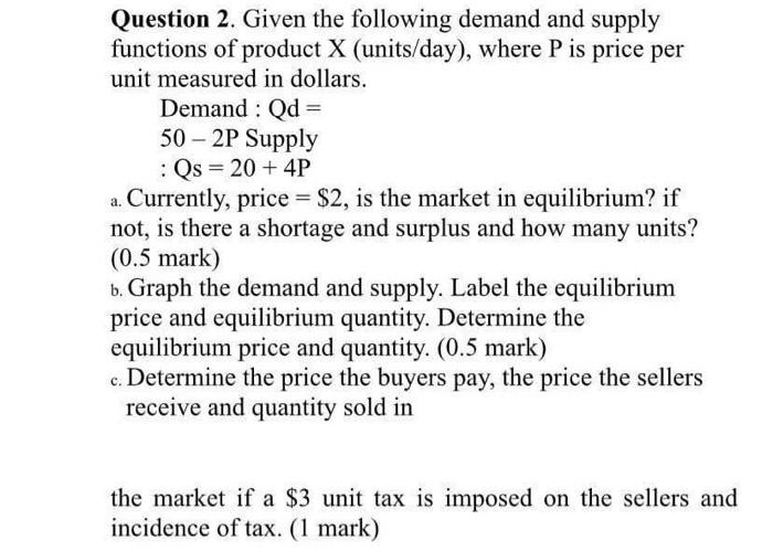Solved Question 2. Given the following demand and supply | Chegg.com