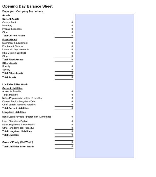Solved Opening Day Balance Sheet Enter your Company Name | Chegg.com