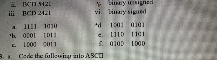 Solved ii. BCD 5421 iii. BCD 2421 v. binary unsigned vi. | Chegg.com
