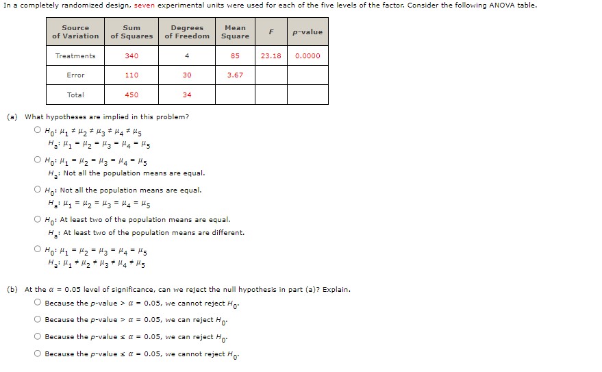 Solved In a completely randomized design, seven experimental | Chegg.com