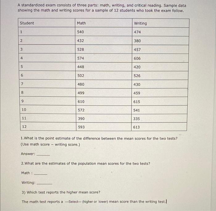 Solved A standardized exam consists of three parts: math, | Chegg.com