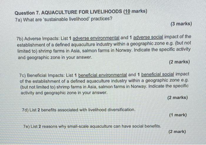 Solved Question 7. AQUACULTURE FOR LIVELIHOODS (10 marks) | Chegg.com