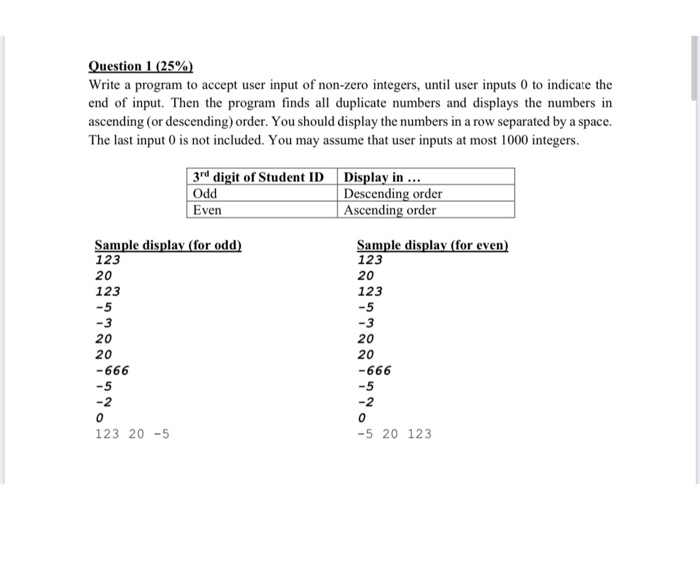 Solved Question 1 (25%) Write a program to accept user input | Chegg.com