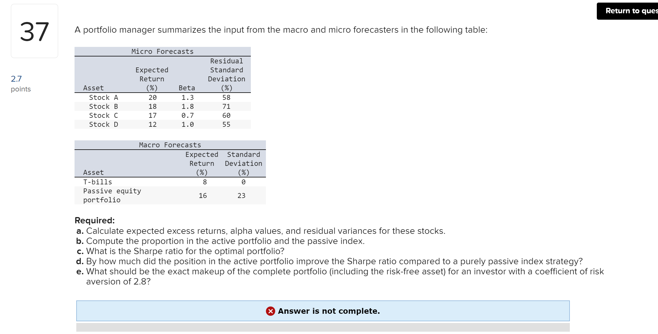 Solved A portfolio manager summarizes the input from the | Chegg.com