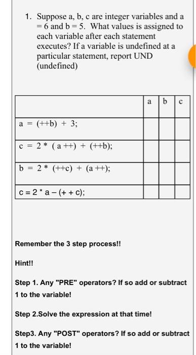Solved 1. Suppose a, b, c are integer variables and a =6 and | Chegg.com