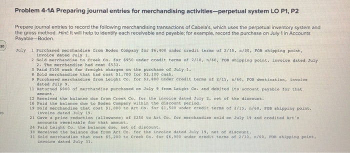 Solved Problem 4-1A Preparing journal entries for | Chegg.com