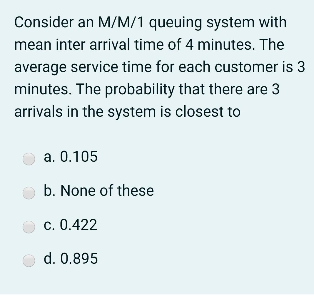 Solved Consider an M/M/1 queuing system with mean inter | Chegg.com