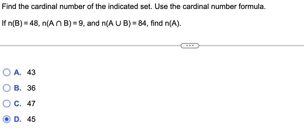 Solved Find the cardinal number of the indicated set. Use | Chegg.com