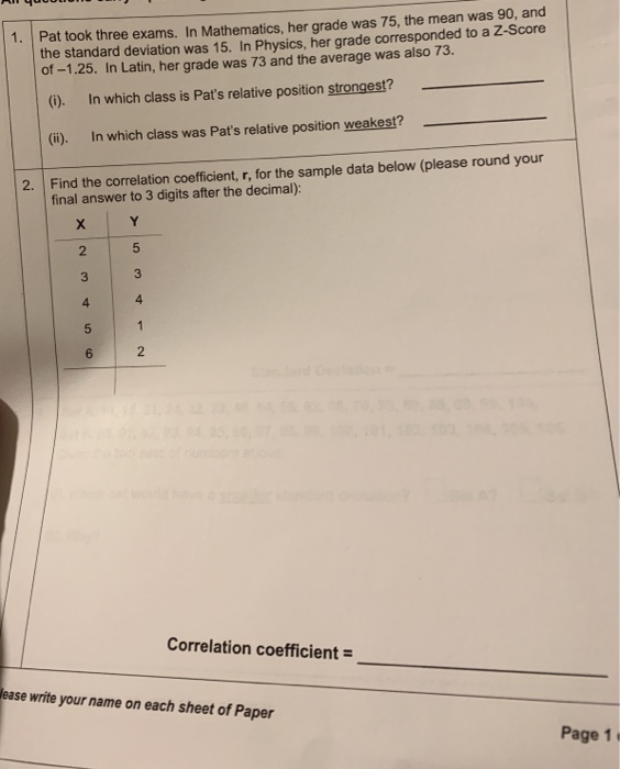 Solved 1. Pat took three exams. In Mathematics, her grade | Chegg.com