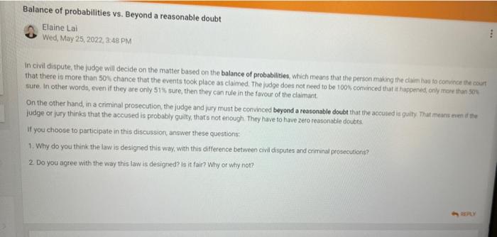 Balance of probabilities vs. Beyond a reasonable | Chegg.com