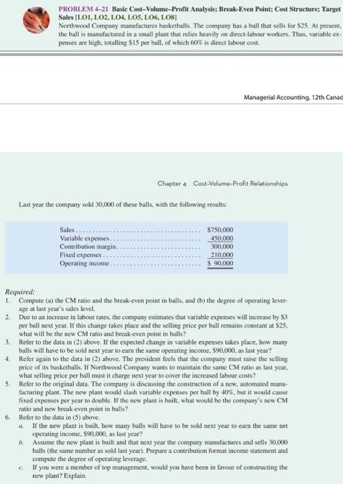Solved PROBLEM 4-21 Basic Cost-Volume-Profit Analysis; | Chegg.com