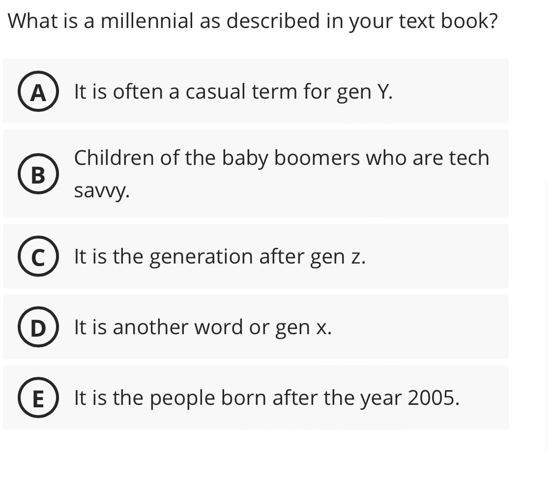 Solved What is a millennial as described in your text | Chegg.com