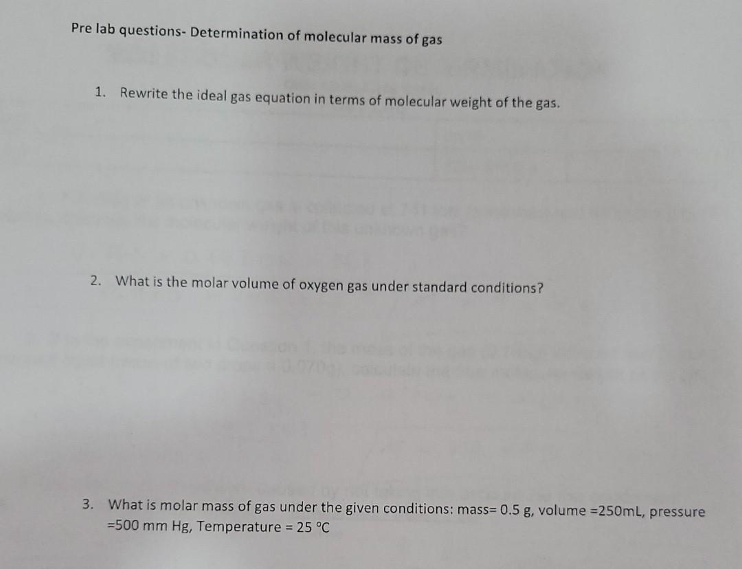Solved Pre lab questions- Determination of molecular mass of | Chegg.com
