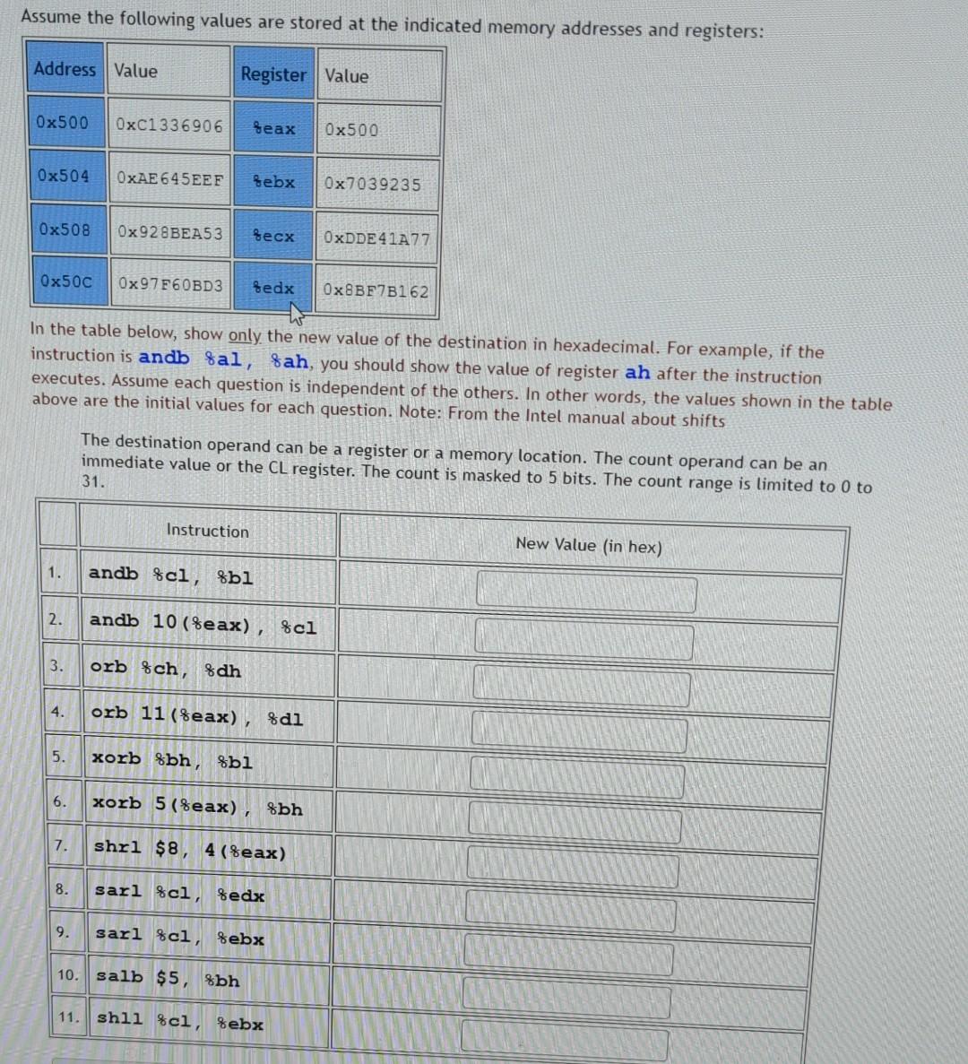 Solved Assume the following values are stored at the | Chegg.com