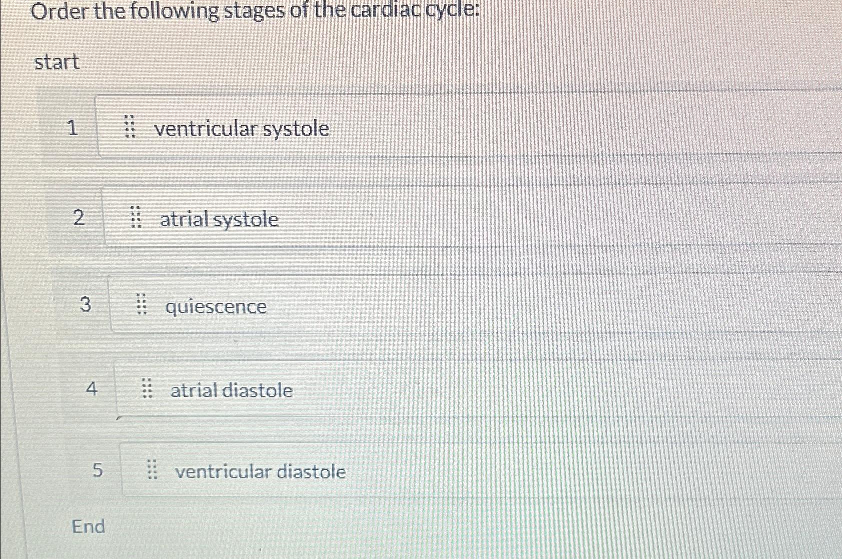 Solved Order the following stages of the cardiac | Chegg.com