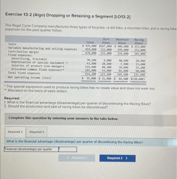 Solved Exercise 13-2 (Algo) Dropping or Retaining a Segment | Chegg.com