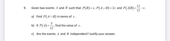 Solved 9. Given two events A and B such that | Chegg.com