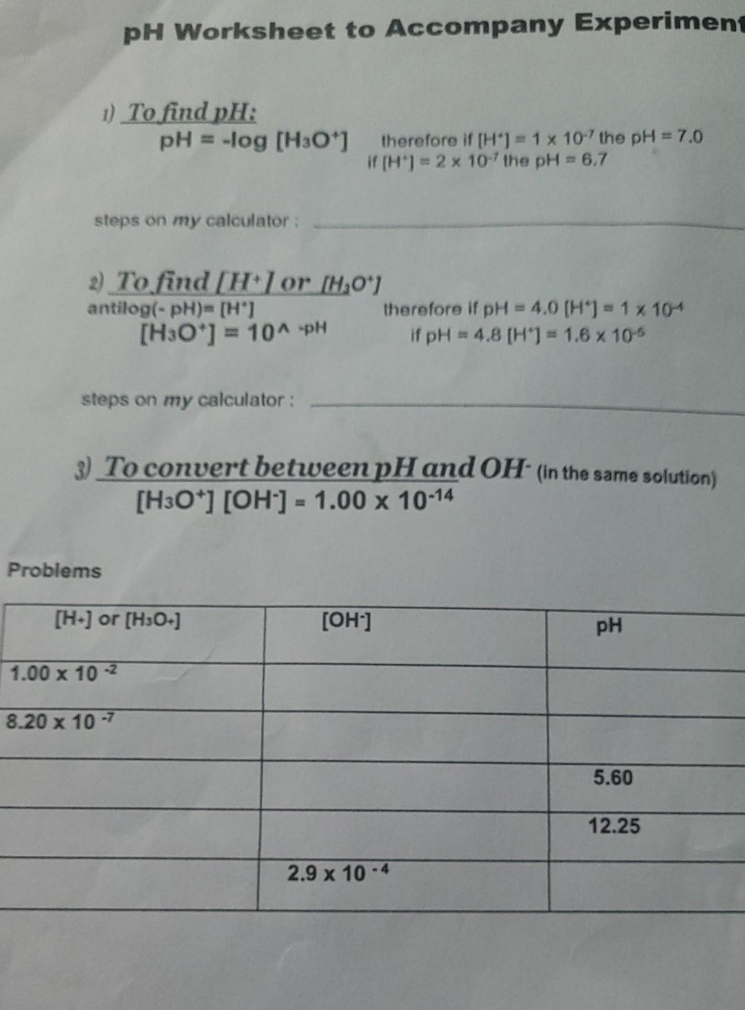 Solved pH Worksheet to Accompany Experiment 1) To find pH: | Chegg.com