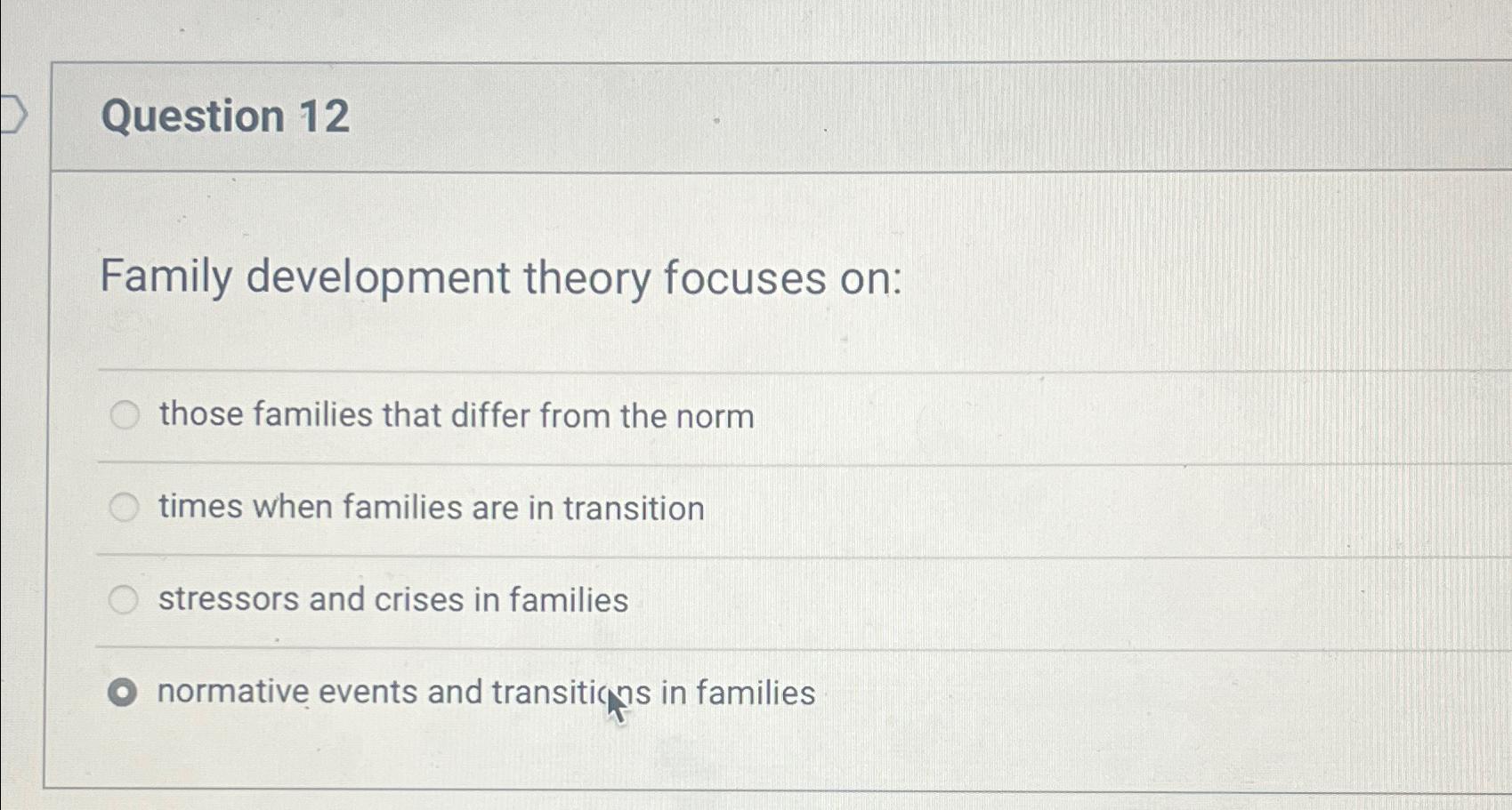 Solved Question 12Family development theory focuses on:those | Chegg.com