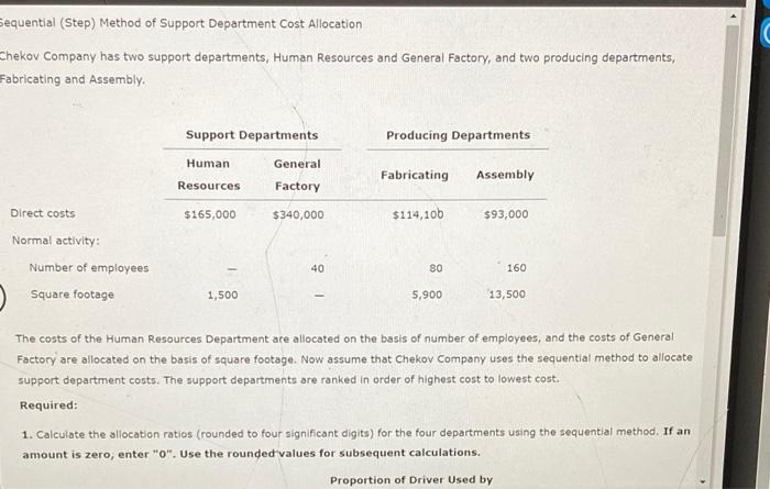 Solved Sequential (Step) Method of Support Department Cost | Chegg.com