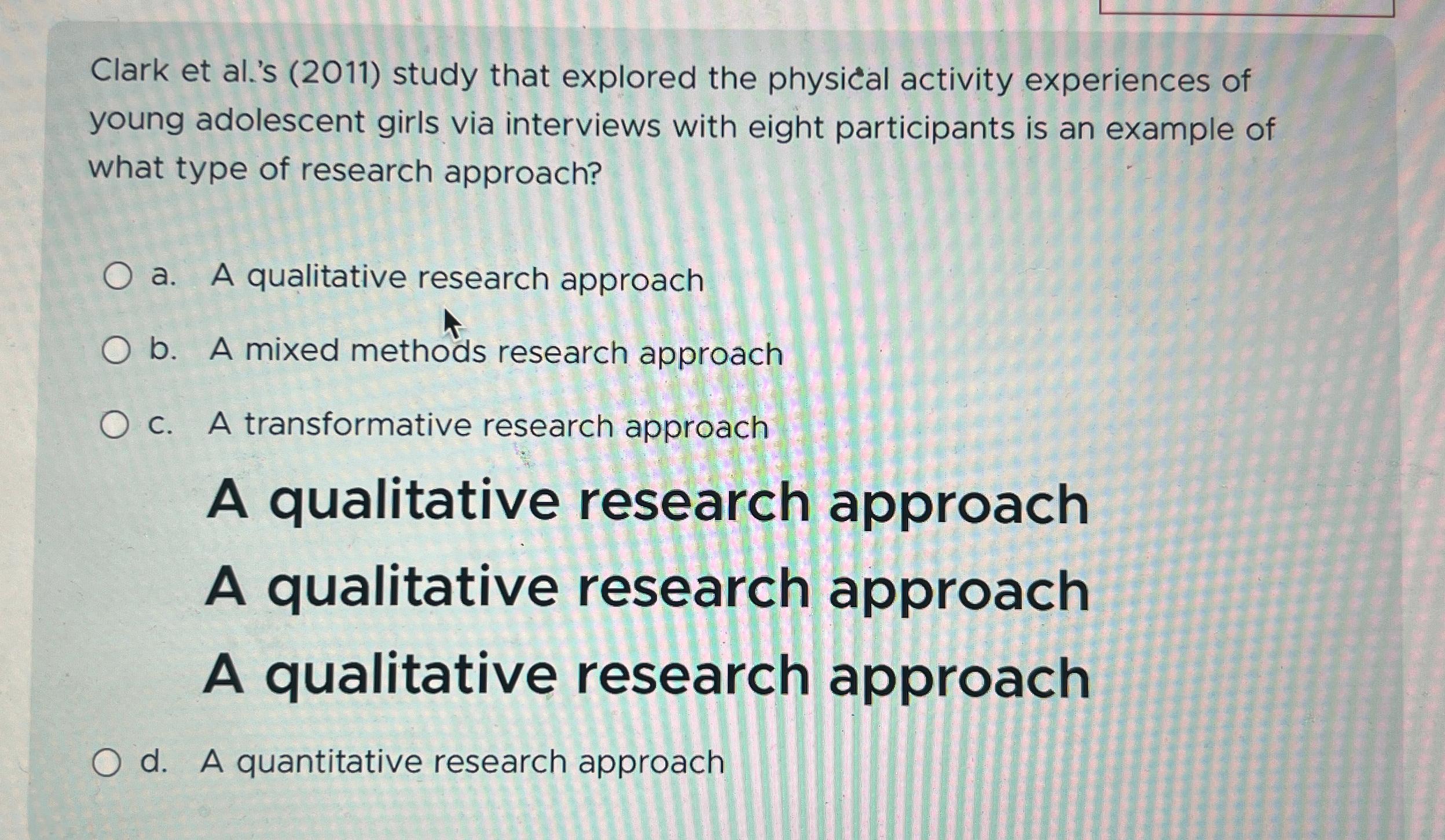 Solved Clark et al.'s (2011) ﻿study that explored the | Chegg.com