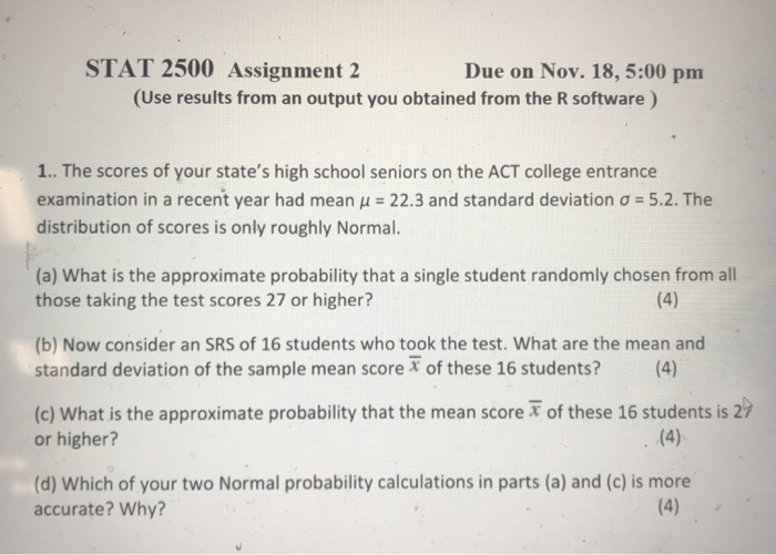 Solved Stat 2500 Assignment 2 Due On Nov 18 5 00 Pm Use