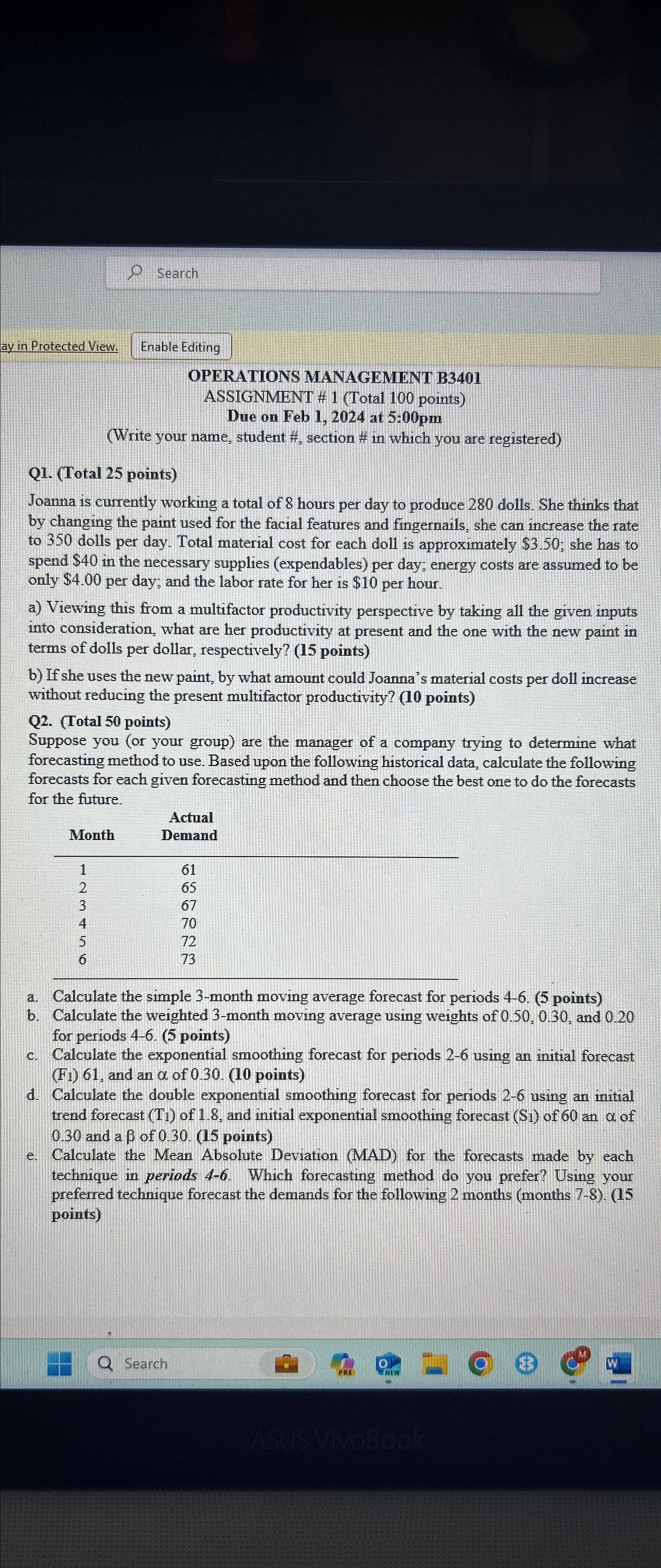 Solved ay in Protected View.Enable EditingOPERATIONS | Chegg.com