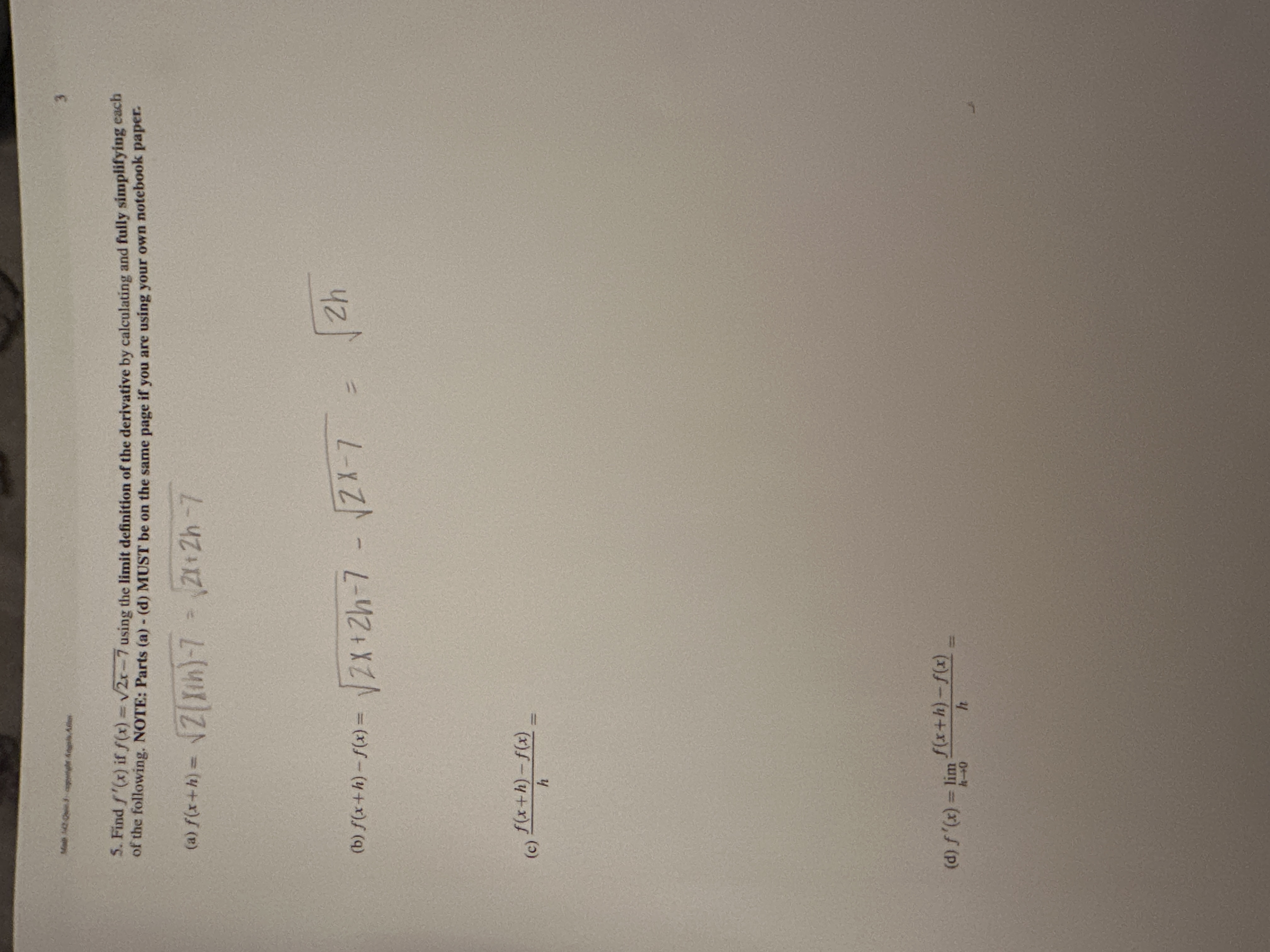 Solved Find f'(x) ﻿if f(x)=2x-72 ﻿using the limit definition | Chegg.com
