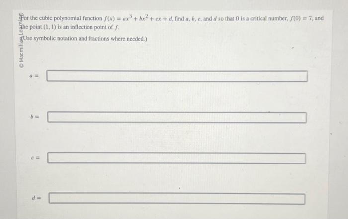 Solved For the cubic polynomial function f(x) = ax³ + bx² + | Chegg.com