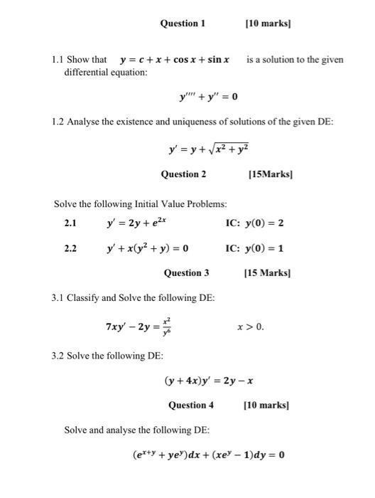 Solved 1.1 Show that y=c+x+cosx+sinx is a solution to the | Chegg.com