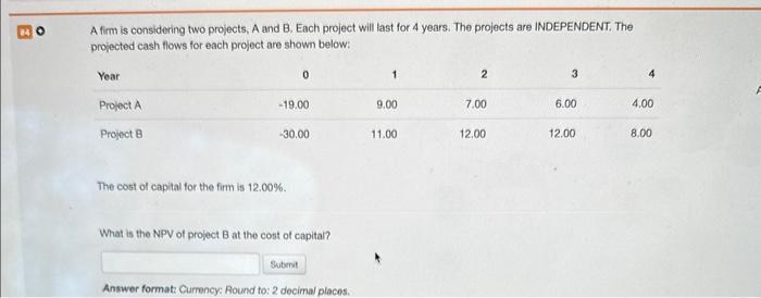 Solved A firm is considering two projects, A and B. Each | Chegg.com