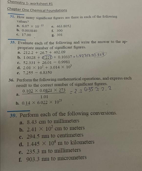 Solved Chemistry 1- worksheet #1 Chapter One Chemical | Chegg.com