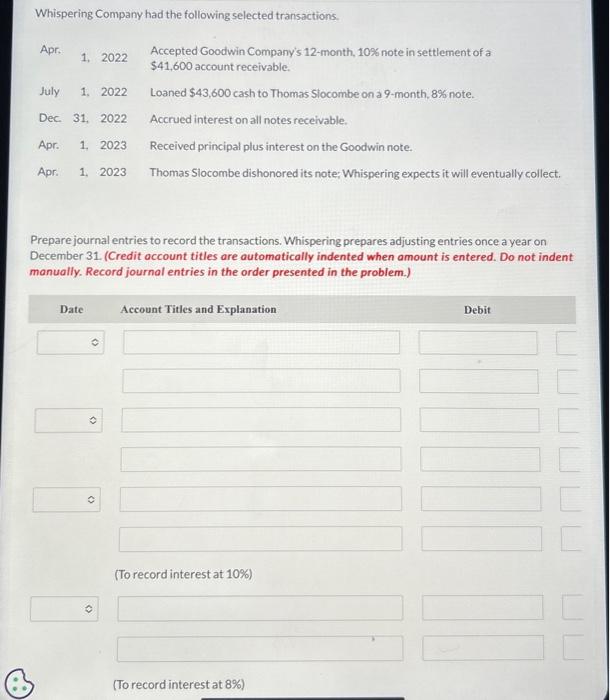 Solved Whispering Company had the following selected | Chegg.com