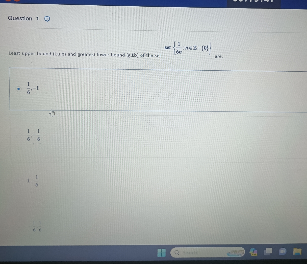 Solved Question 1set{16n:ninZ-{0}}Least upper bound (I.u.b) | Chegg.com