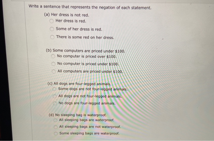 Solved Write a sentence that represents the negation of each | Chegg.com