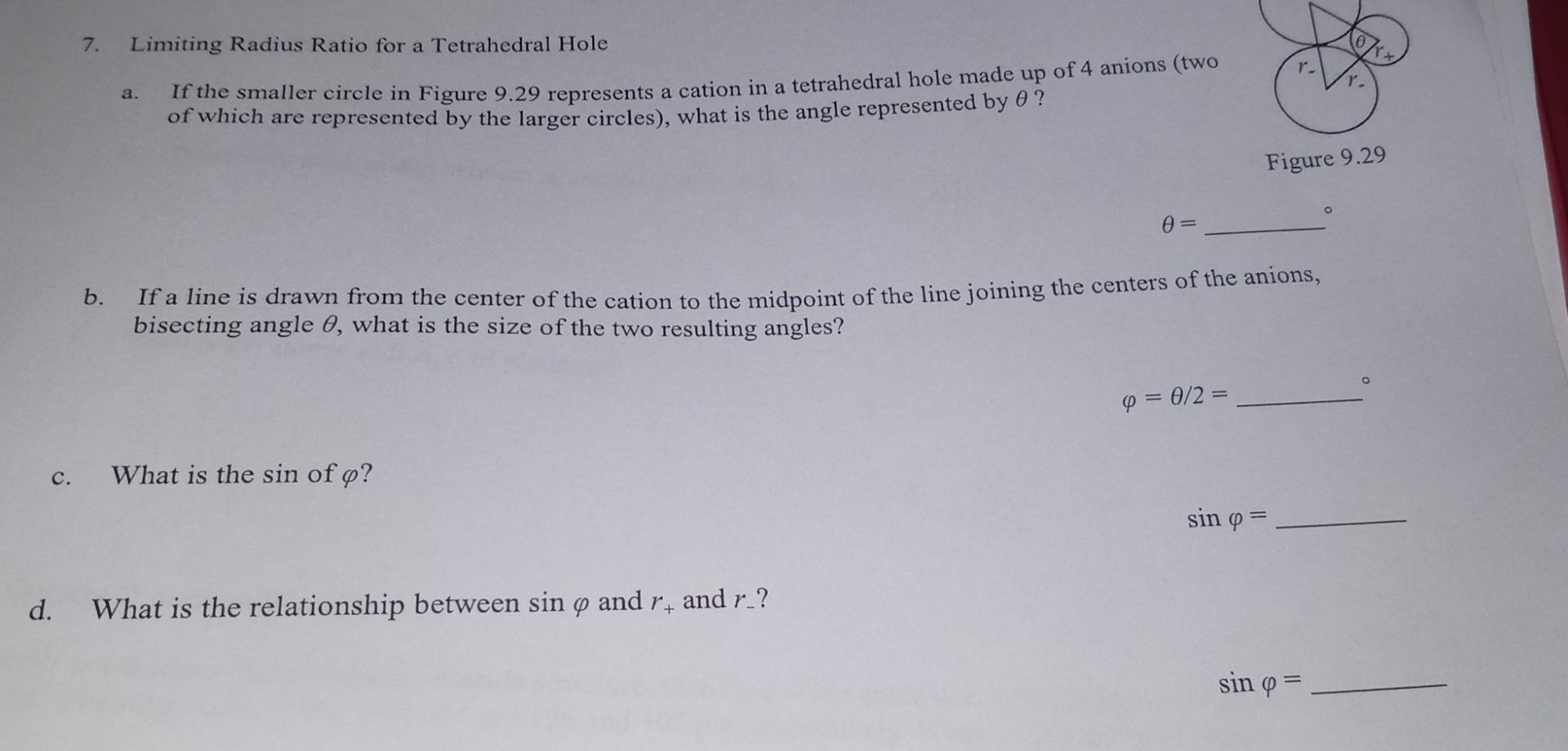 Solved 7. Limiting Radius Ratio for a Tetrahedral Hole a. of | Chegg.com