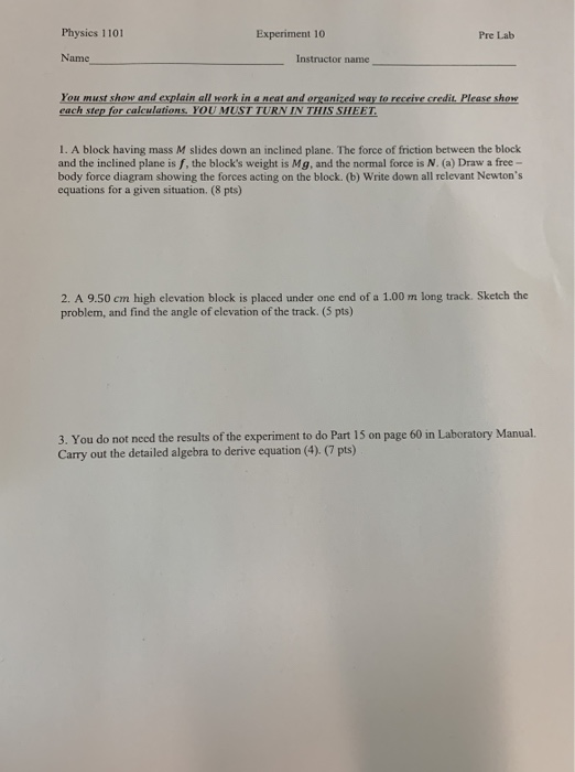 Solved Physics 1101 Experiment 10 Pre Lab Name Instructor | Chegg.com