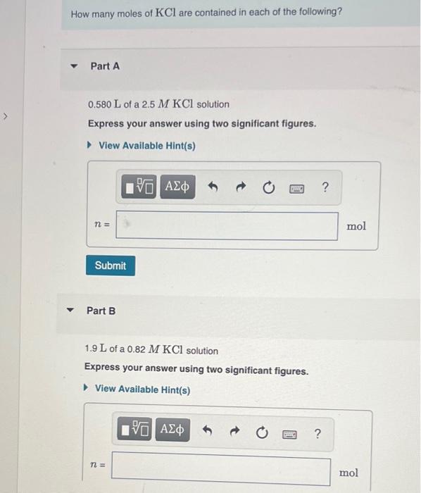 Solved How many moles of KCl are contained in each of the | Chegg.com
