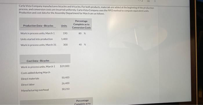 Solved Carla Vista Company manufactures bicyclos and | Chegg.com