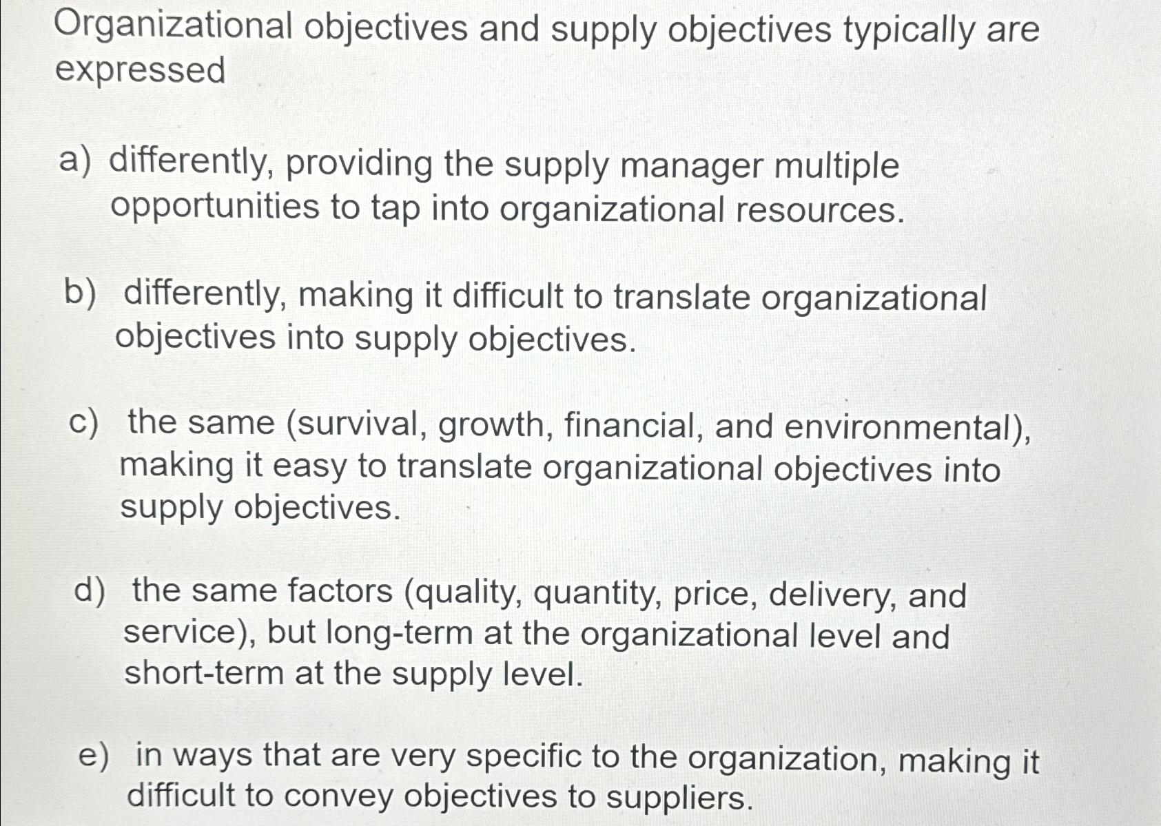 Solved Organizational objectives and supply objectives | Chegg.com