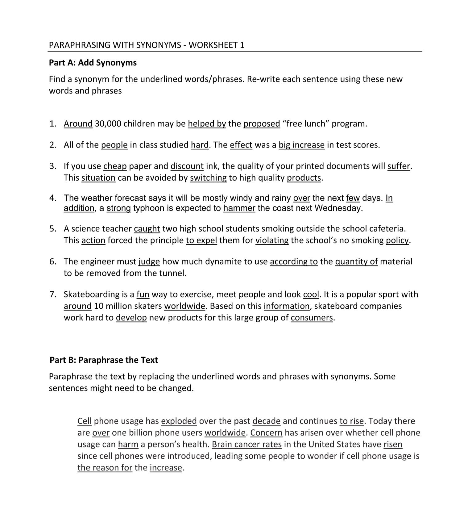 Solved PARAPHRASING WITH SYNONYMS - ﻿WORKSHEET 1Part A: Add | Chegg.com