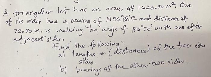 Solved A triangular lot has an area of 1660.30 m2. One of | Chegg.com