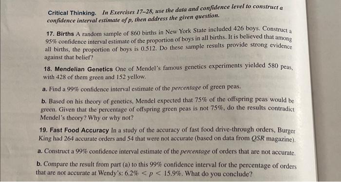 Solved Critical Thinking. In Exercises 17-28, use the data | Chegg.com