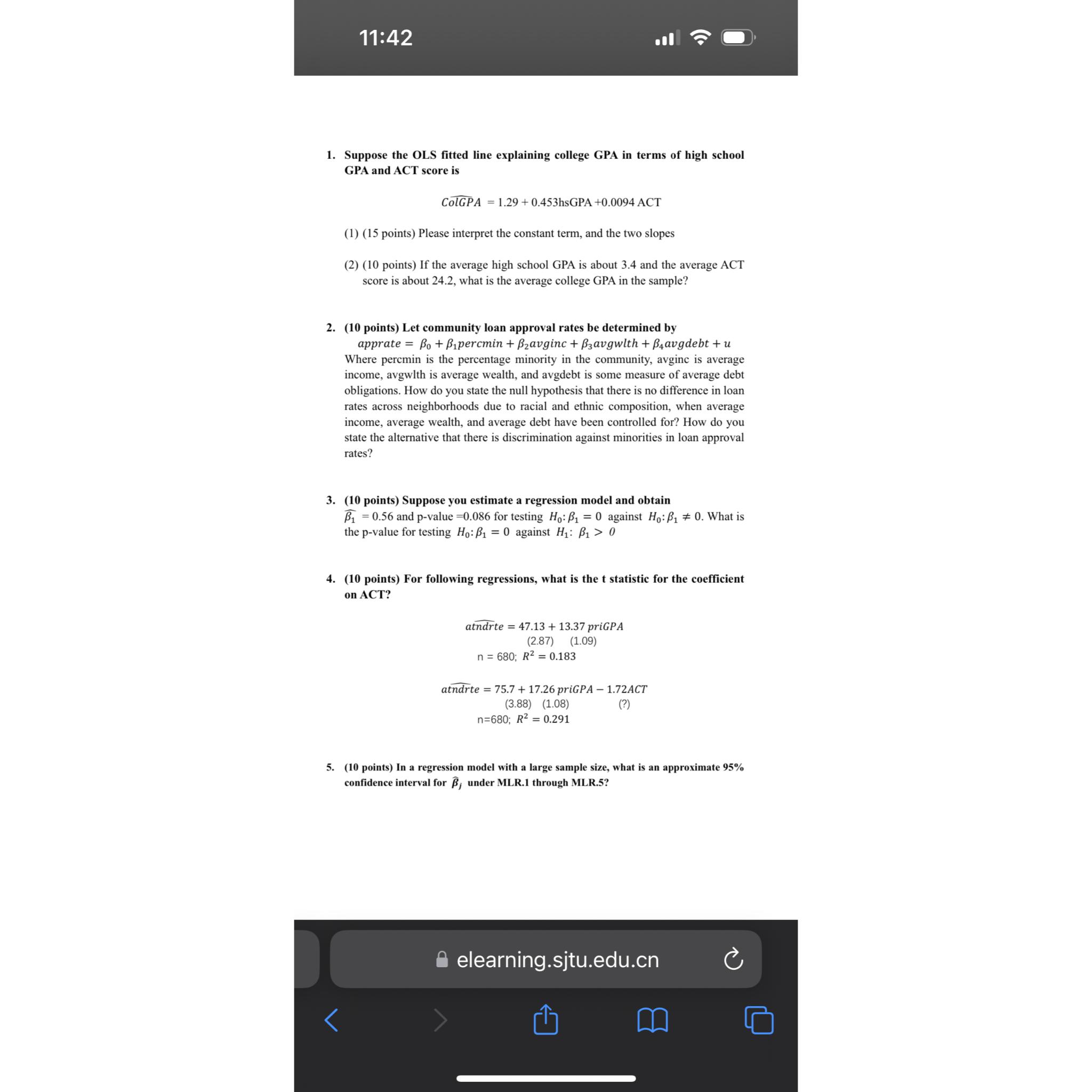 Solved 11:42Suppose the OLS fitted line explaining college | Chegg.com
