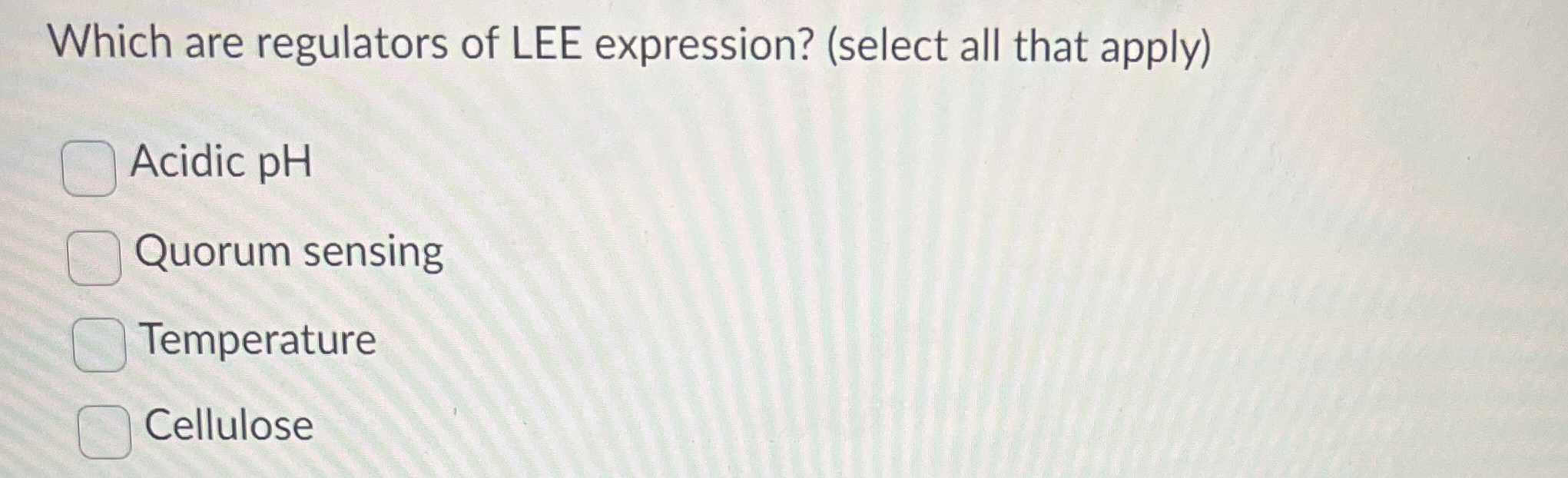 Solved Which are regulators of LEE expression? (select all | Chegg.com