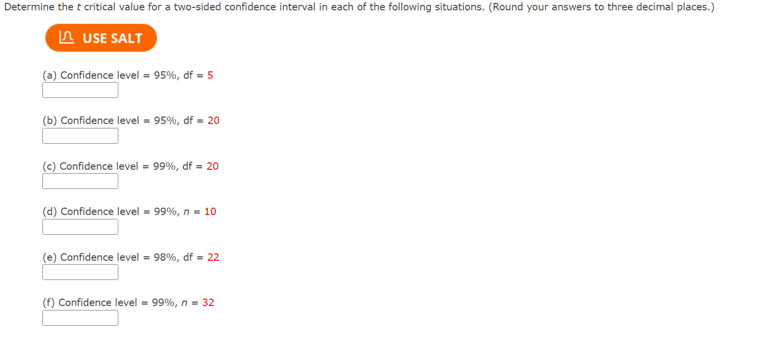 Determine the t ﻿critical value for a two-sided | Chegg.com